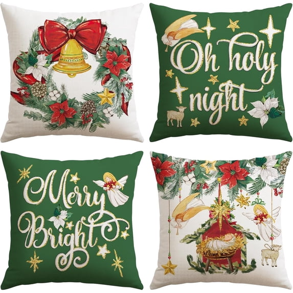 Christmas Oh Holy Night Merry Bright Jesus Wreath Throw Pillow Covers ...