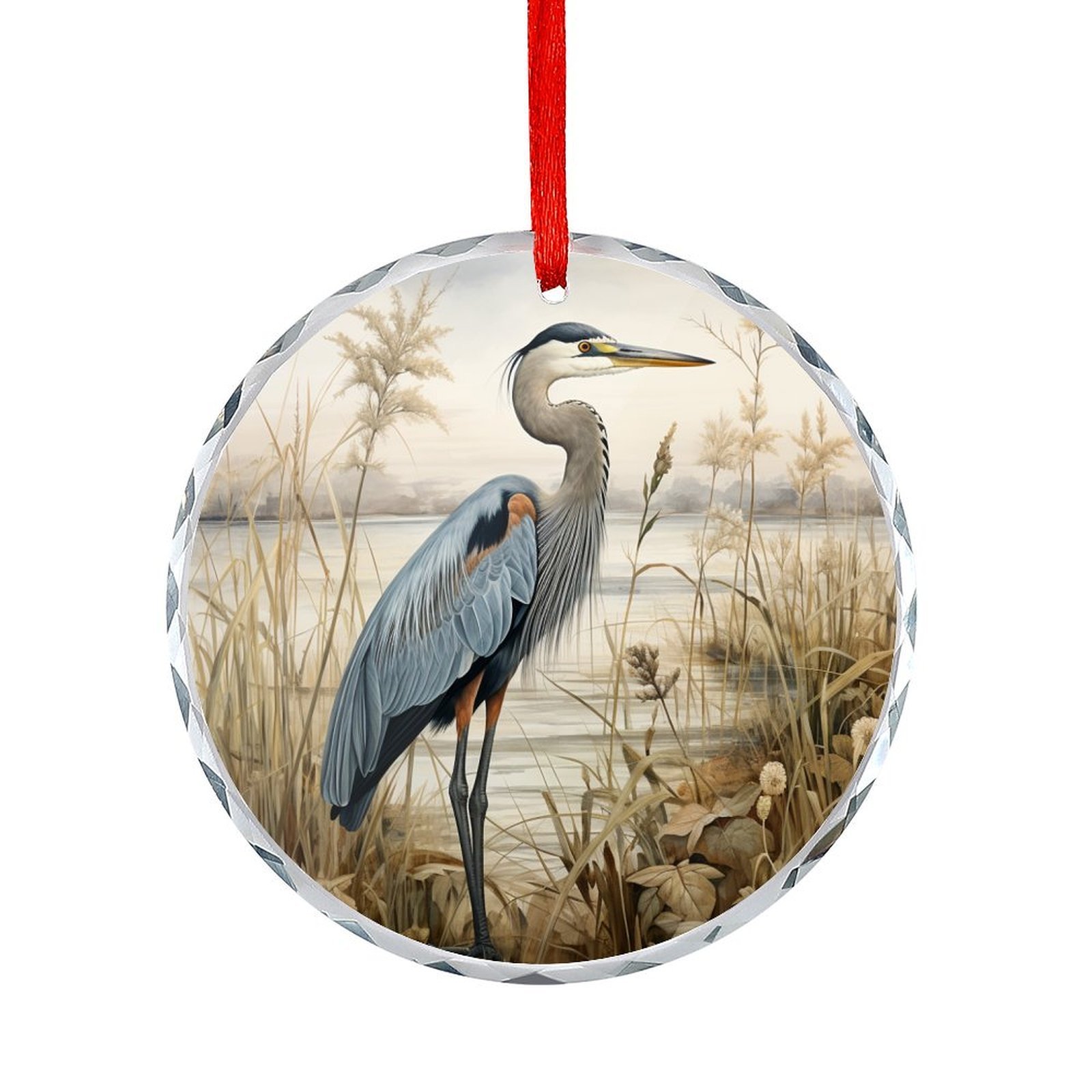 Christmas Ornament Blue Heron Is Sitting In A Grassy Area Round Glass ...