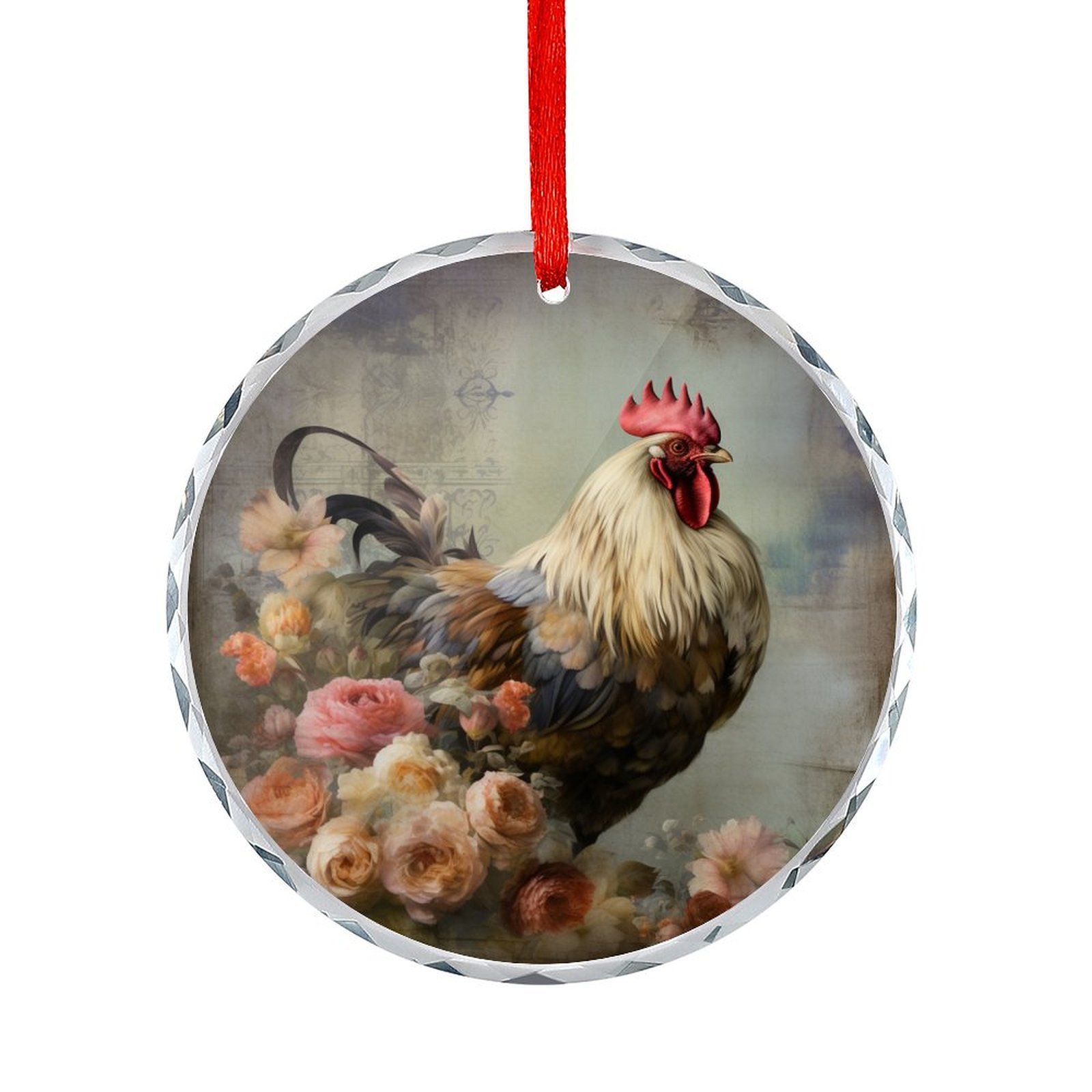 Christmas Ornament Retro Rooster With Flowers Round Ornament Watercolor ...