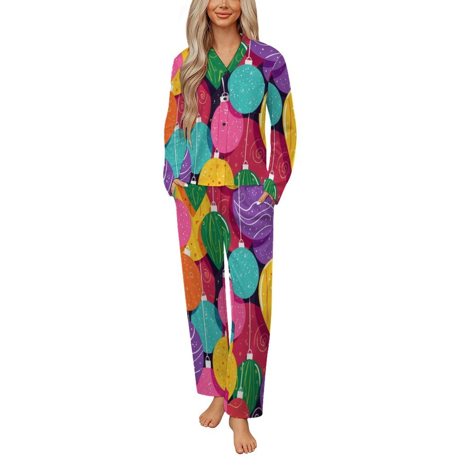 Christmas Ornaments Hanging Festive Colors Womens Pyjamas Set Button Up ...