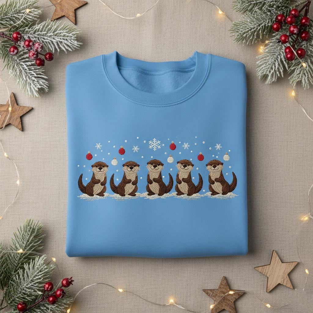 Christmas Otter Embroidered Hoodie, Winter Snowflake Sweatshirt, Cute ...