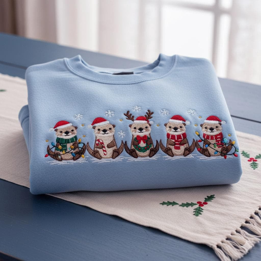 Christmas Otter Embroidered Sweatshirt, Holiday Otter Lover Crewneck ...