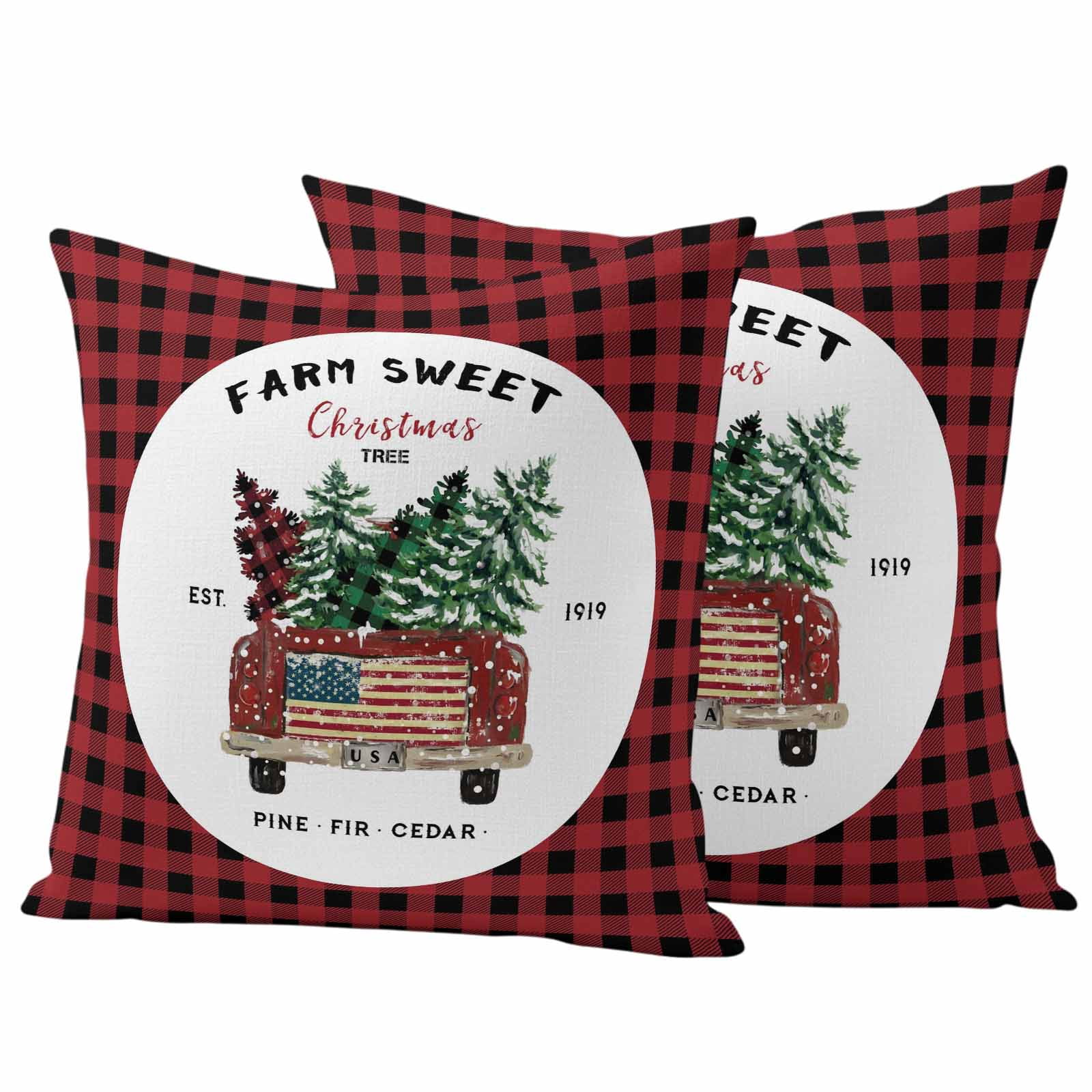 Christmas Outdoor Waterproof Pillow Covers, Winter Red Truck Pine Trees ...