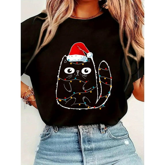 Christmas Outfit For Women Cute Black Cat Santa Christmas Lights Meow ...
