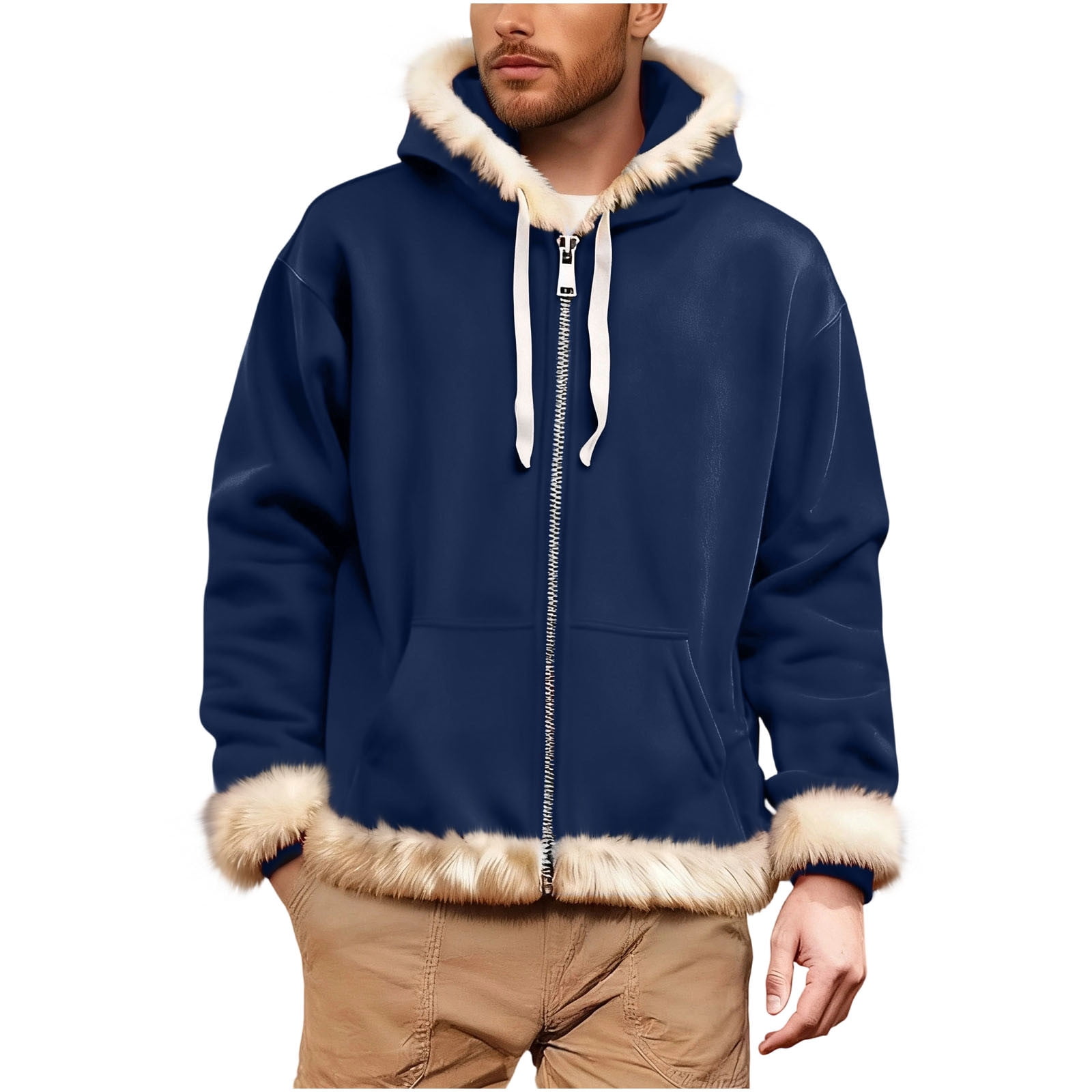 Christmas Outfits for Men Full Zip Hooded Jacket with White Faux Fur ...