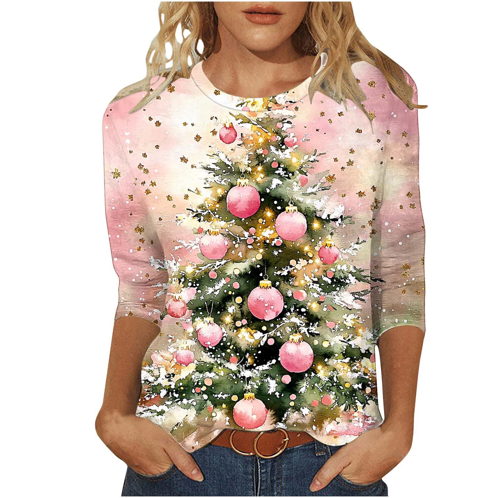 Christmas Outfits for Women 2025 Xmas Tree Graphic Tee 3/4 Sleeve ...