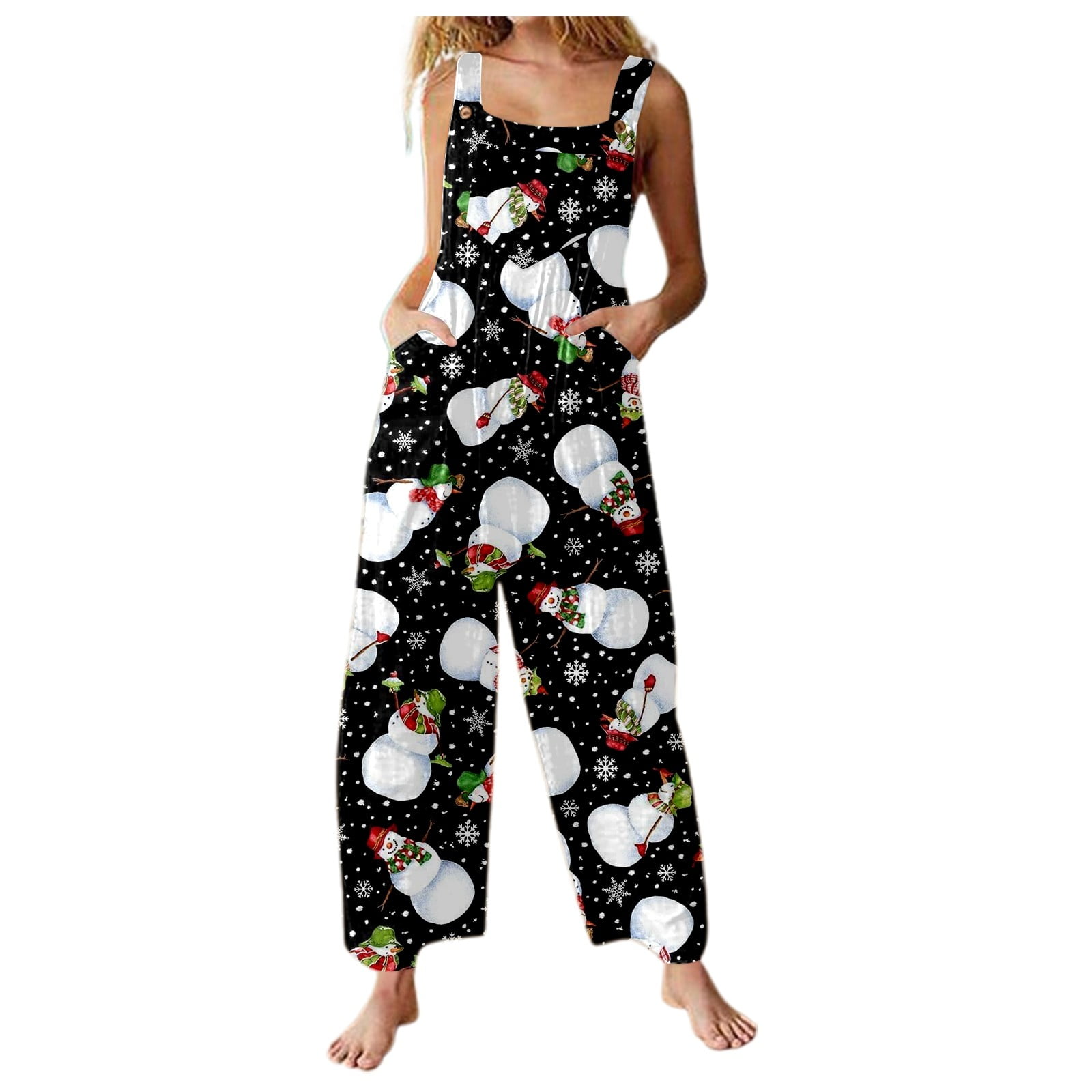 Christmas Overalls Stylish Floral Print Front Button Jumpsuit Strappy ...