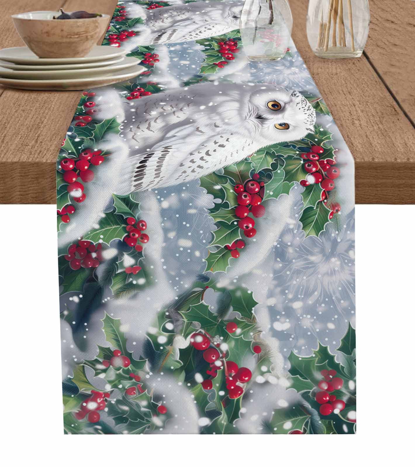 Christmas Owl Burlap-Cotton Table Runner 48 Inches Long,Xmas Berry ...