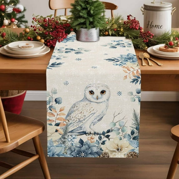 Christmas Owl Cotton Linen Table Runner Blue Eucalyptus Leaves Floral ...