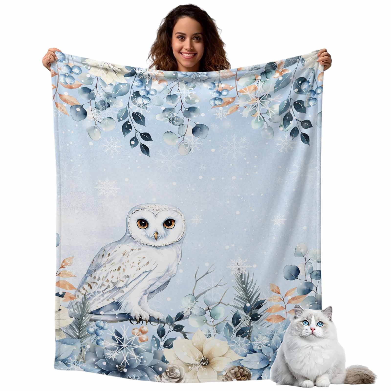 Christmas Owl Fleece Throw Blanket Lightweight Blue Eucalyptus Leaves ...
