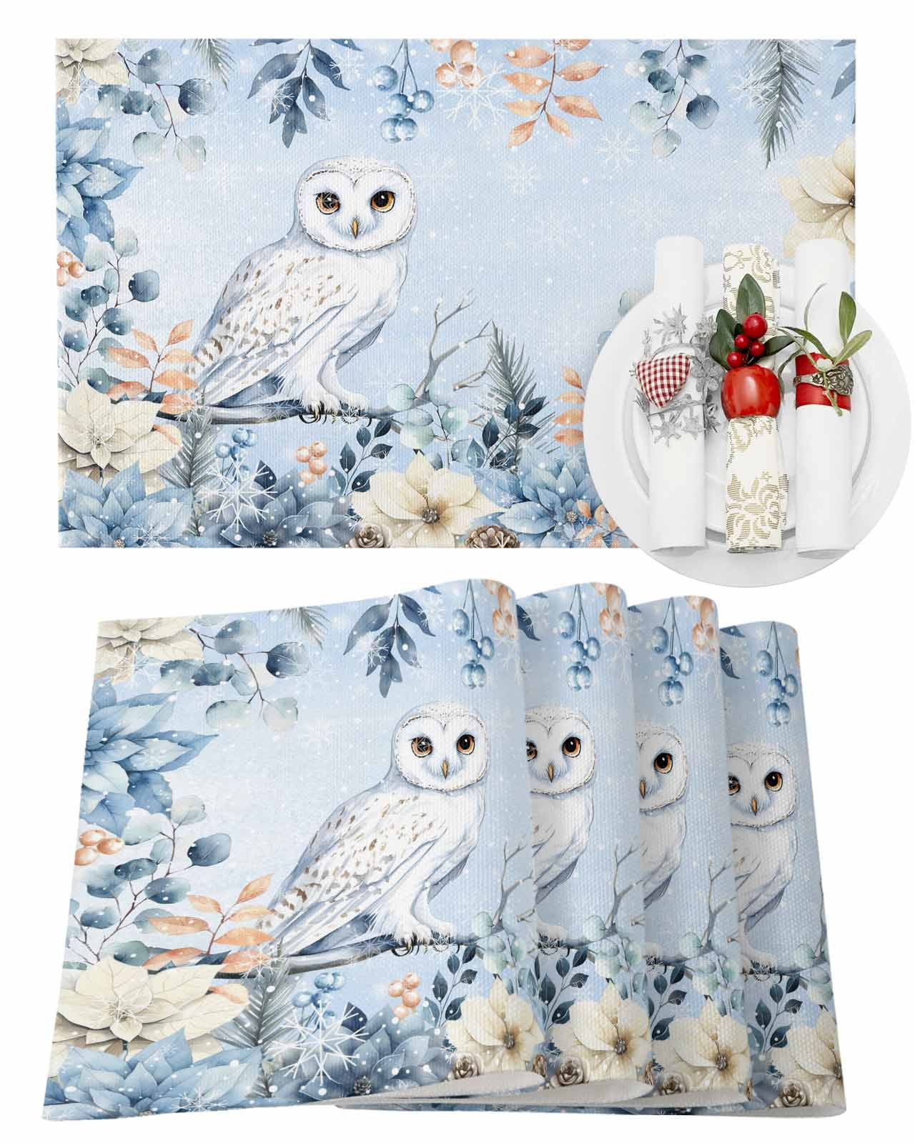 Christmas Owl Placemats Set of 8 Blue Eucalyptus Leaves Floral Winter ...