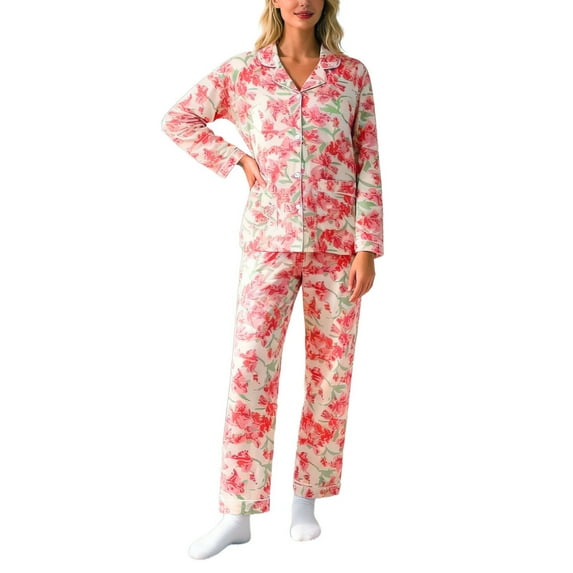 Christmas Pajama For Women Women Red Flowers Pjs Setslong Sleeve ...