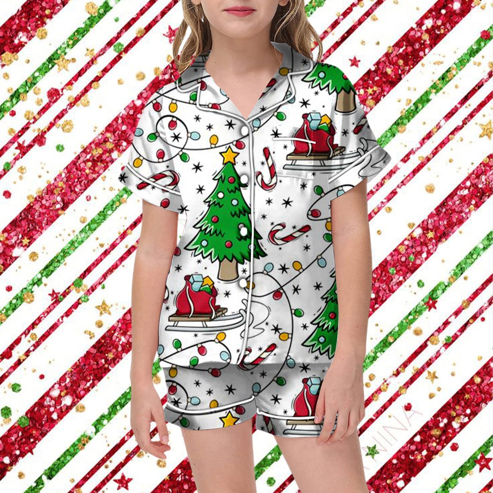 Christmas Pajama Set Red Satin Pajama Set Button-Down Top With Shorts 2 ...