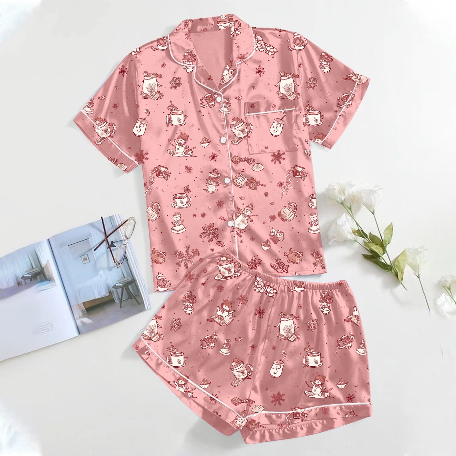 Christmas Pajamas For Women 2 Piece Silk Pajama Button Up Pajamas For ...