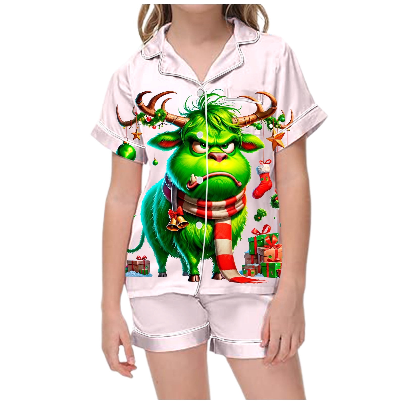 Christmas Pajamas Girls Christmas Satin Silk Pajama Set Short Sleeves Button Down Shirt Shorts ...