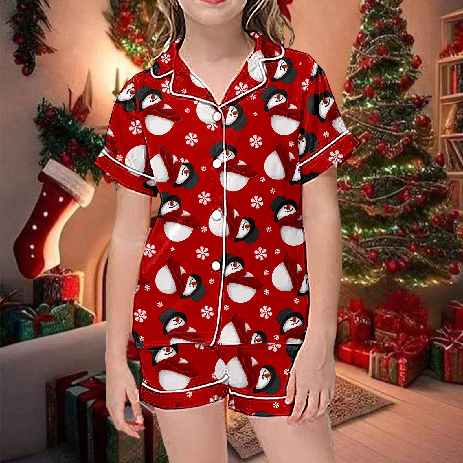 Christmas Pajamas Kids Fashion Girls Silk Pajamas Short Sleeve Button ...