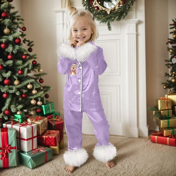 Christmas Pajamas Kids Girls Silk Pajamas Long Sleeve Button-Down ...