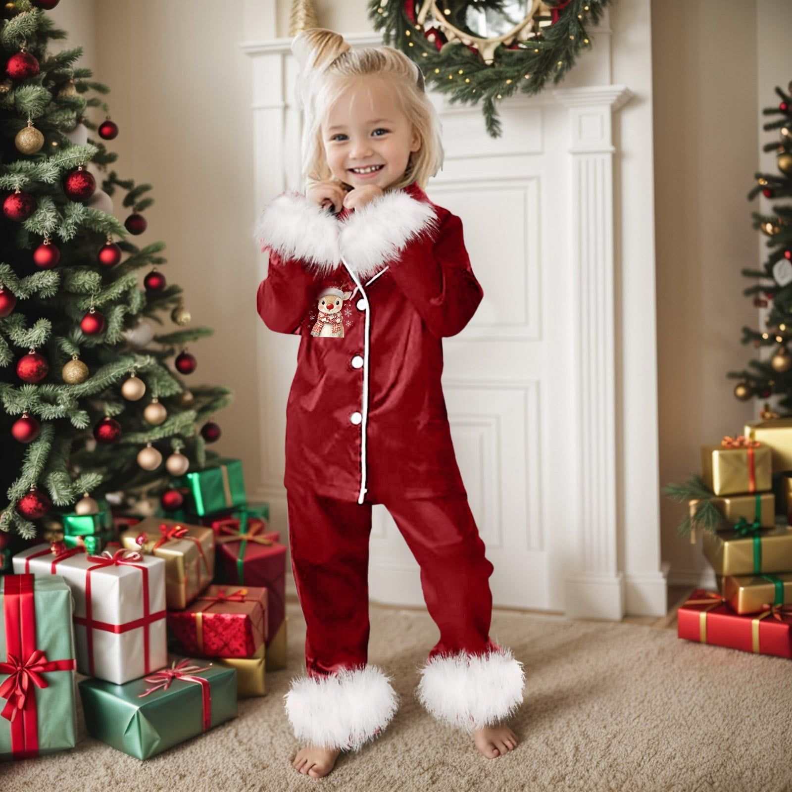Christmas Pajamas Kids Silk Pajamas for Girls Long Sleeve Button-Down ...