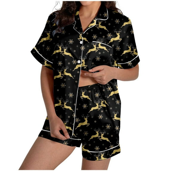 Christmas Pajamas Ladies' Christmas Reindeer Print Silk Satin Short ...