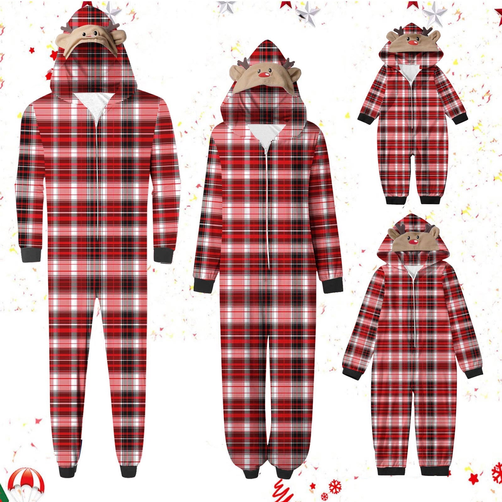 Christmas Pajamas Long Sleeve Jumpsuit Plaid Zipper Reindeer Ear Hoodie ...