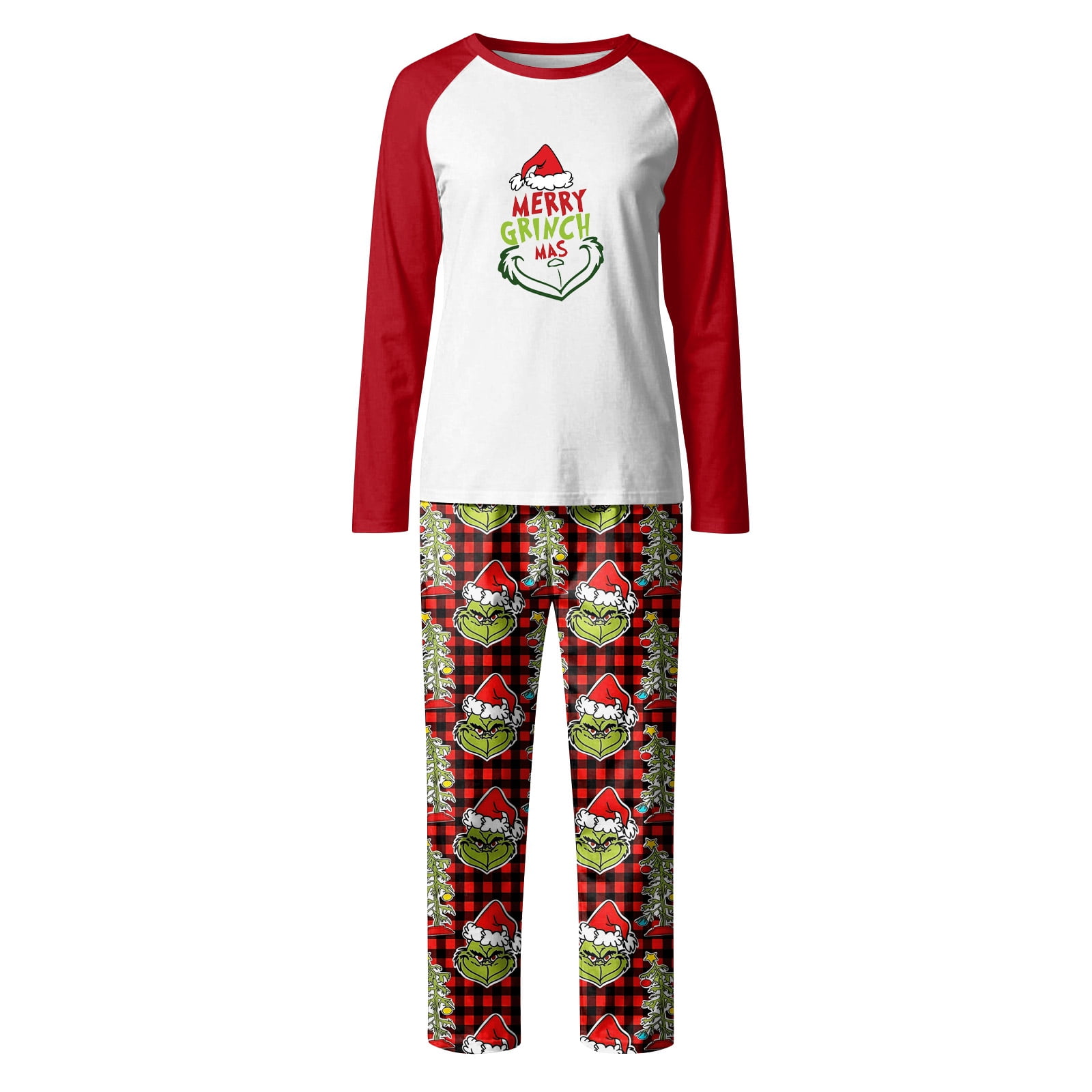 Christmas Pajamas Mom Family Matching Grin-ch Raglan Sleeve Top Plaid ...
