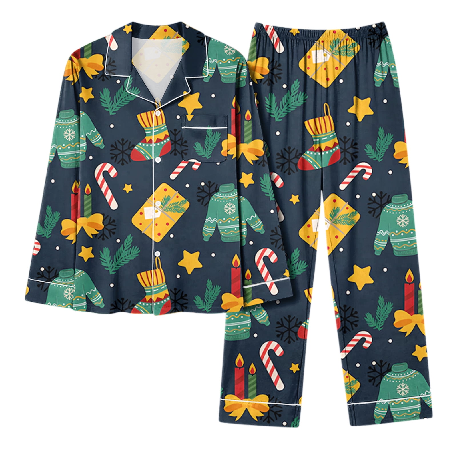 Christmas Pajamas for Women Button Down Collared Shirts and Wide Leg ...