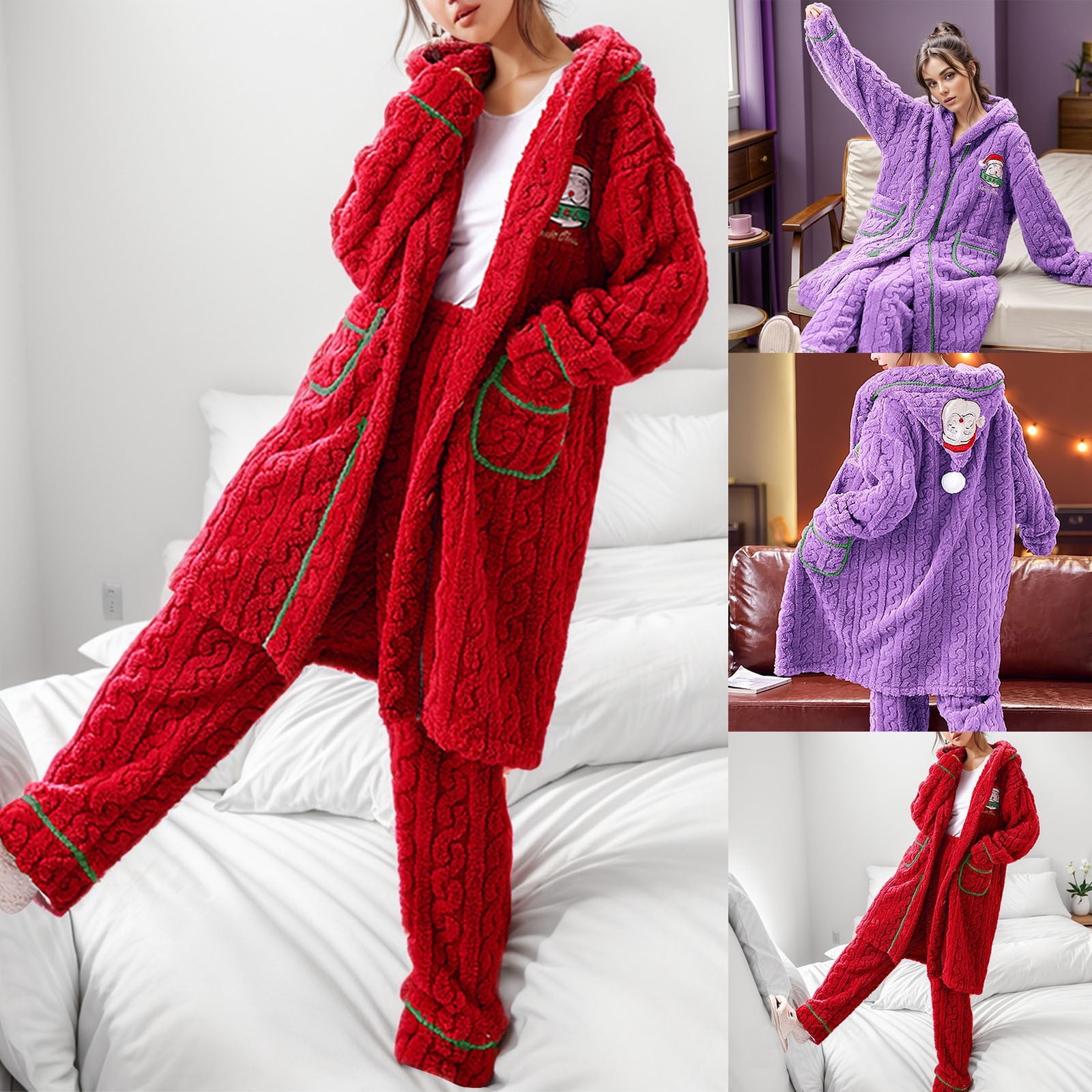Christmas Pajamas Women Long Sleeve Hooded Cozy Thick Warm Nightwear ...