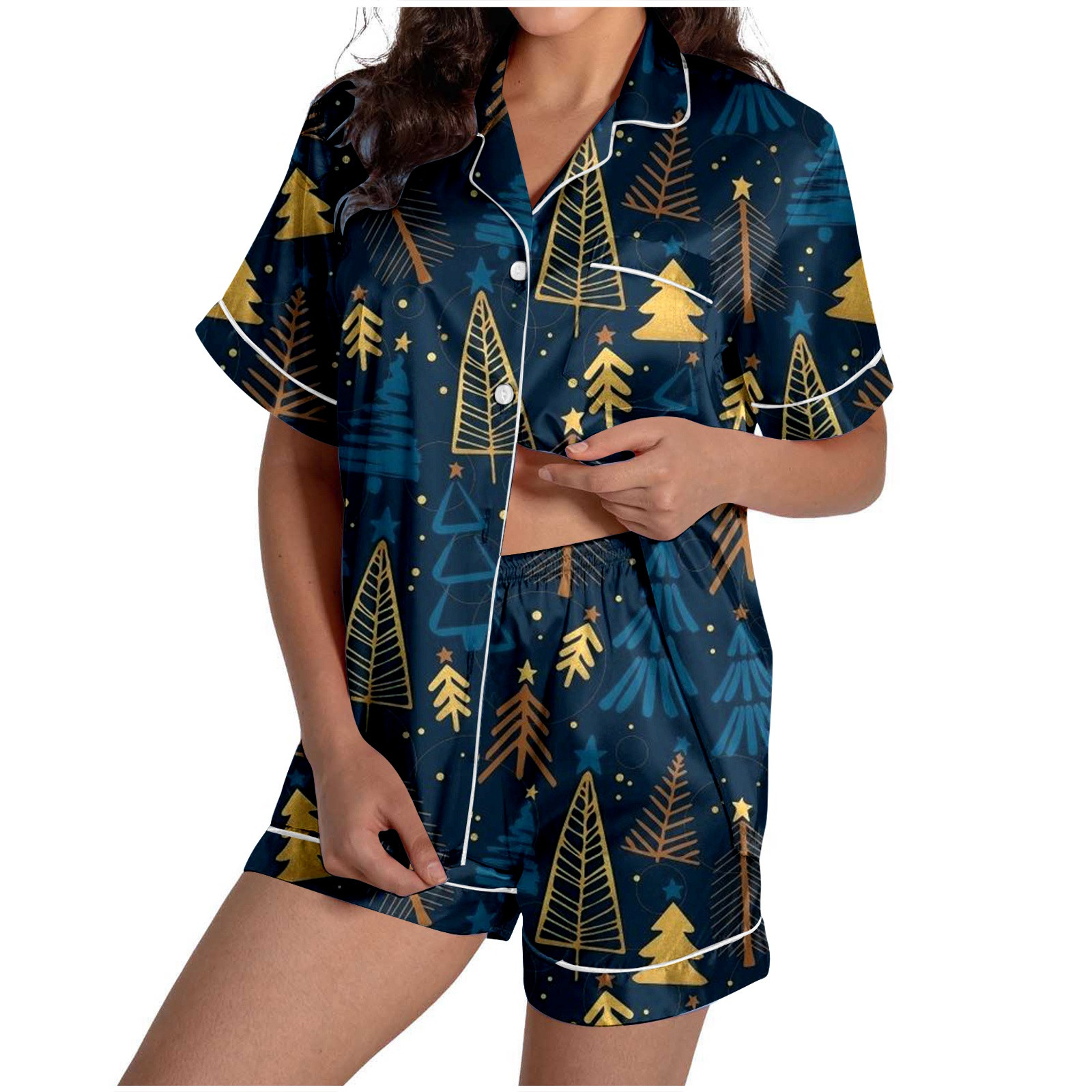 Christmas Pajamas Women Set Reindeer Christmas Silk Satin Pjs Set Short ...