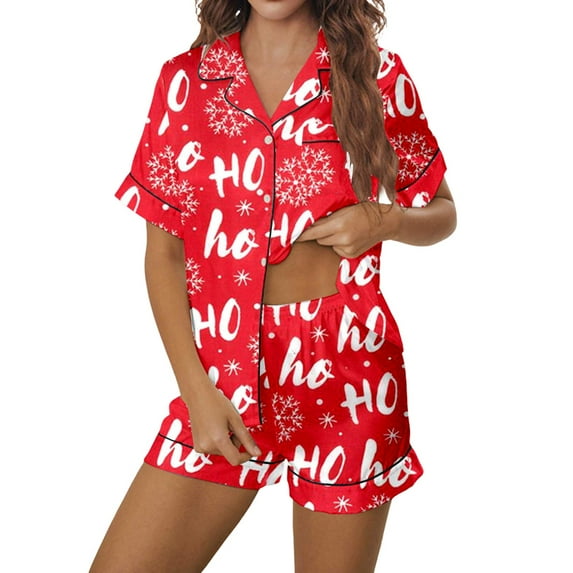 Christmas Pajamas Women's Casual Christmas Print Pajama Set Silk Satin ...