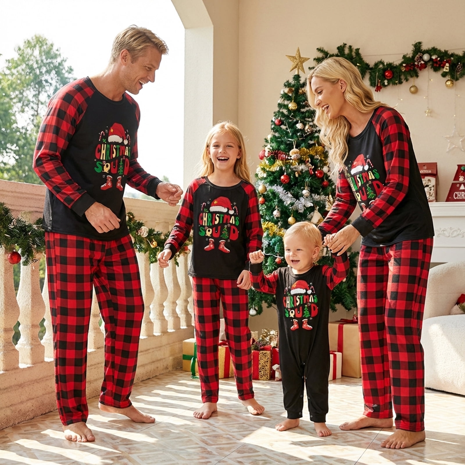 Christmas Pajamas for Family Long Sleeve Print Tops Plaid Pants Set ...