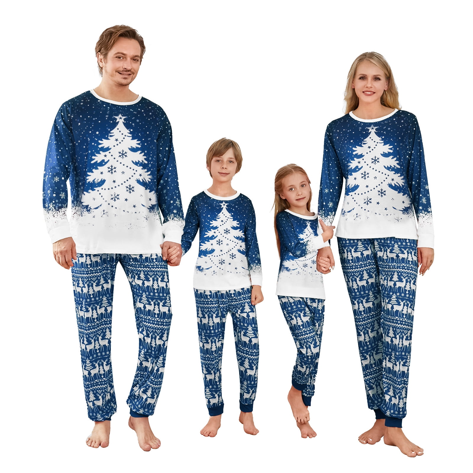 Christmas Pajamas for Family Snowflake Tree Print Long Sleeve Crew Neck ...