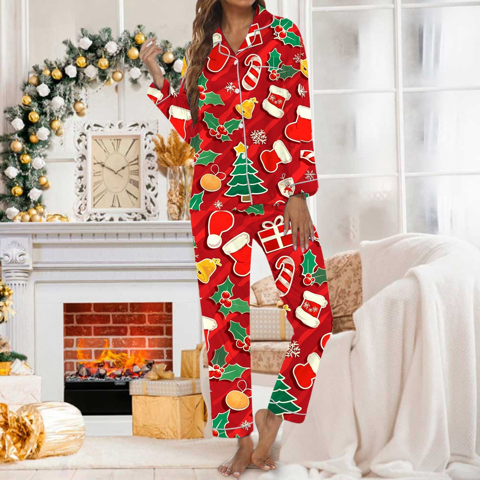 Christmas Pajamas for Women 2 Piece Satin Christmas Pajamas Long Sleeve ...