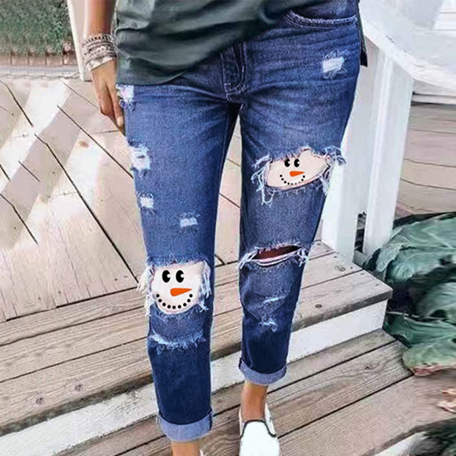 Christmas Pants, Blue Jeans for Women, Women Jeans Snowman Print Ripped ...