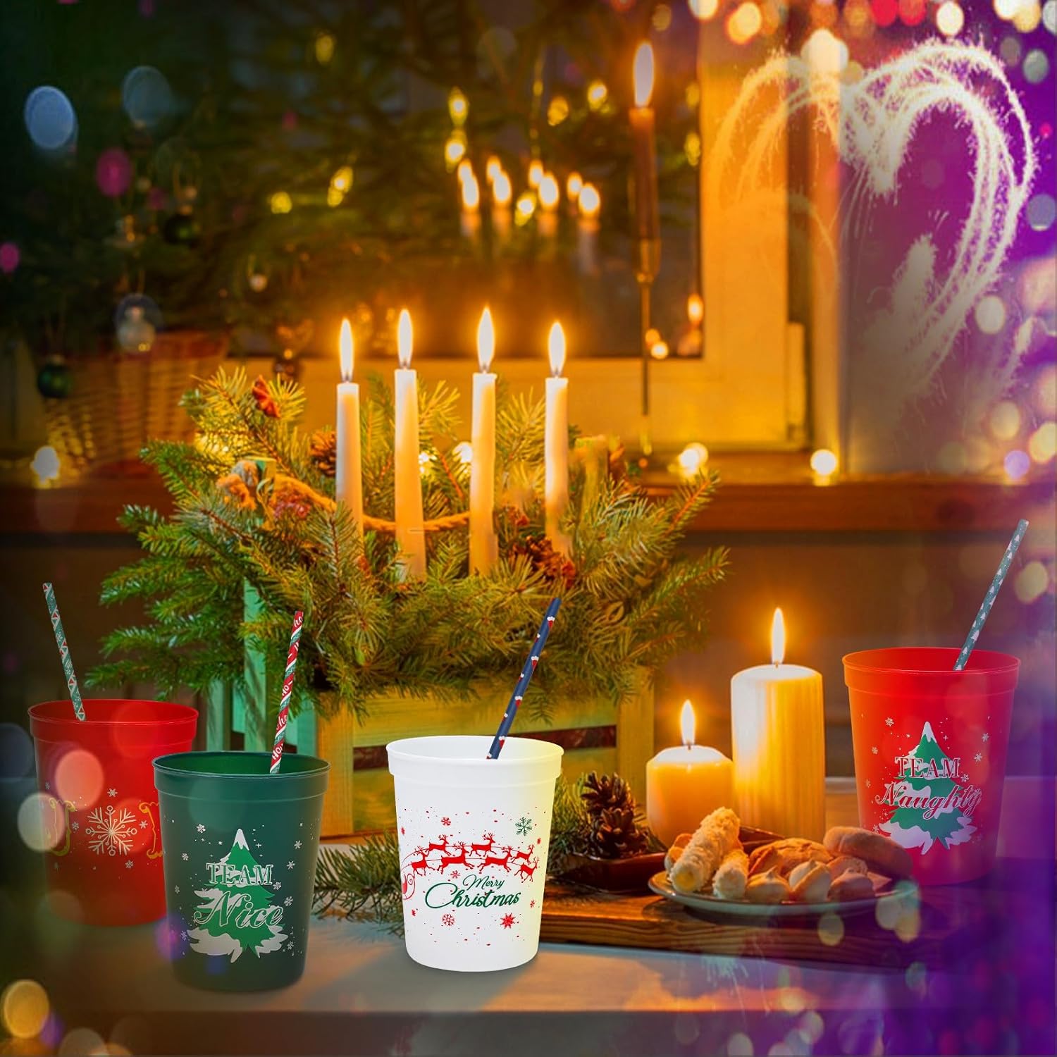 Christmas Party Cups - Set Of 12 Red And Green 16Oz Stadium Cups And 12 ...