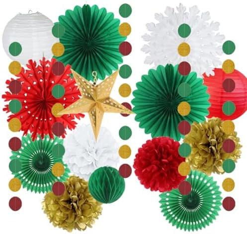 Christmas Party Decorations - Paper Fans, Pom Poms, Circle Dots Garland ...