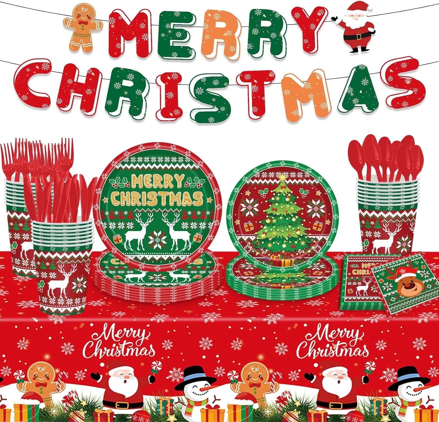 Christmas Disposable Dinnerware Set,Xmas Tableware Kit Includes MERRY ...