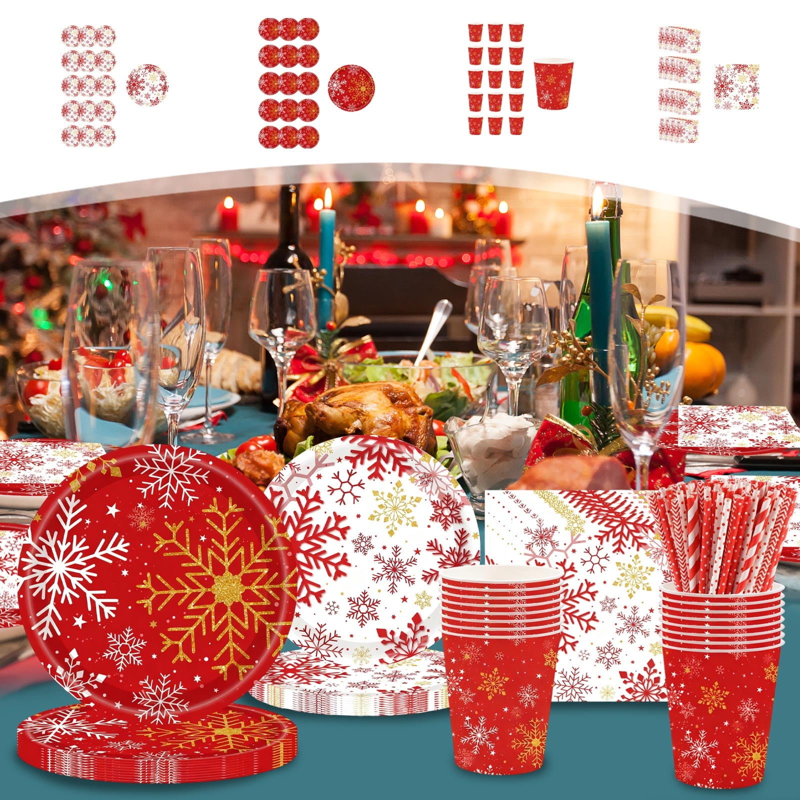 Christmas Party Tableware Set Red Snowflake Design | 7-inch & 9-inch ...