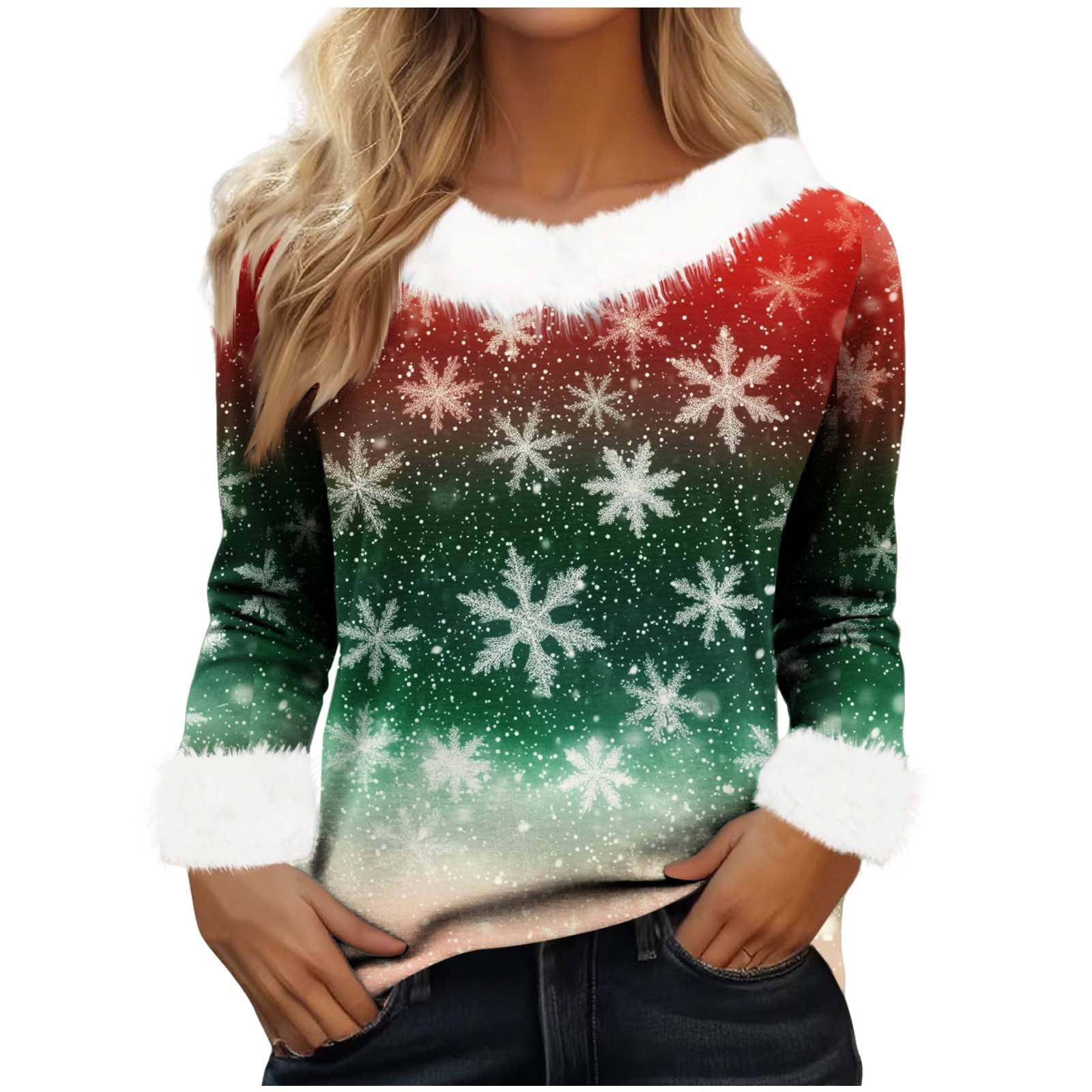 Christmas Party Tops for Women with Printed V Neck Fancy Fur Trim 2025 ...