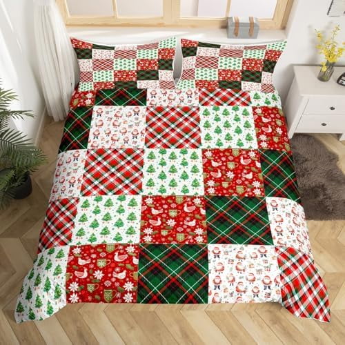 Christmas Patchwork Duvet Cover Queen Size,Xmas Plaid Cute Santa Claus ...