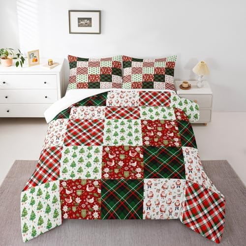 Christmas Patchwork Full Size Comforter Set,Xmas Plaid Cute Santa Claus ...
