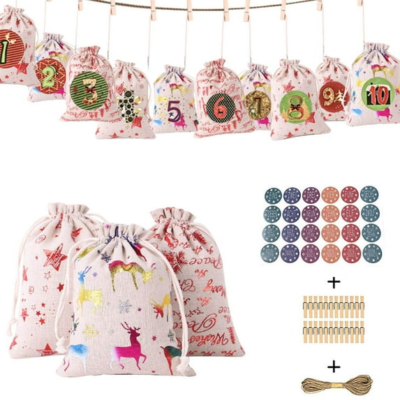 Christmas Pattern Candy Bag for Advent Calendar, 1-24 Days Cotton Linen ...