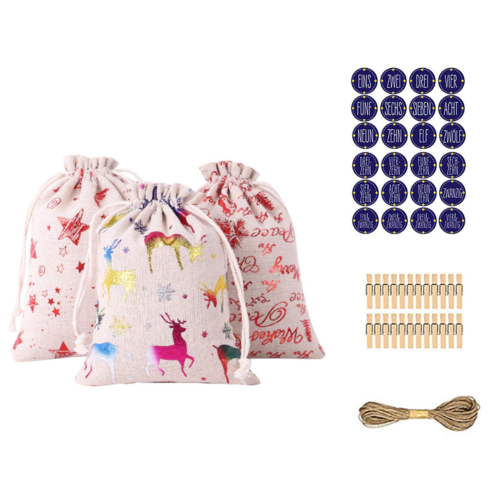 Christmas Pattern Cotton Linen Drawstring Gift Bags, 1-24 Advent ...