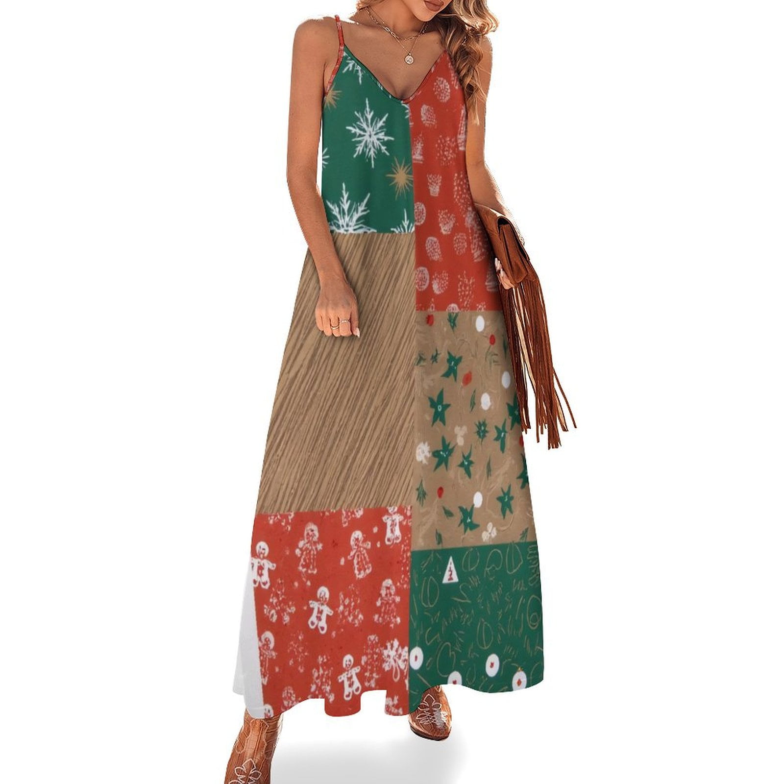 Christmas Pattern Fabric Swatches Sleeveless Dress Women's Luxury Party ...