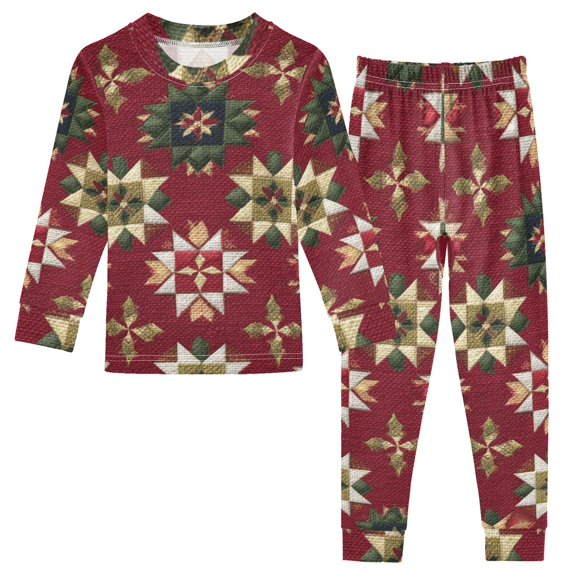 Christmas Pattern on Red Background Cotton Pajama Set Long Sleeve Top ...