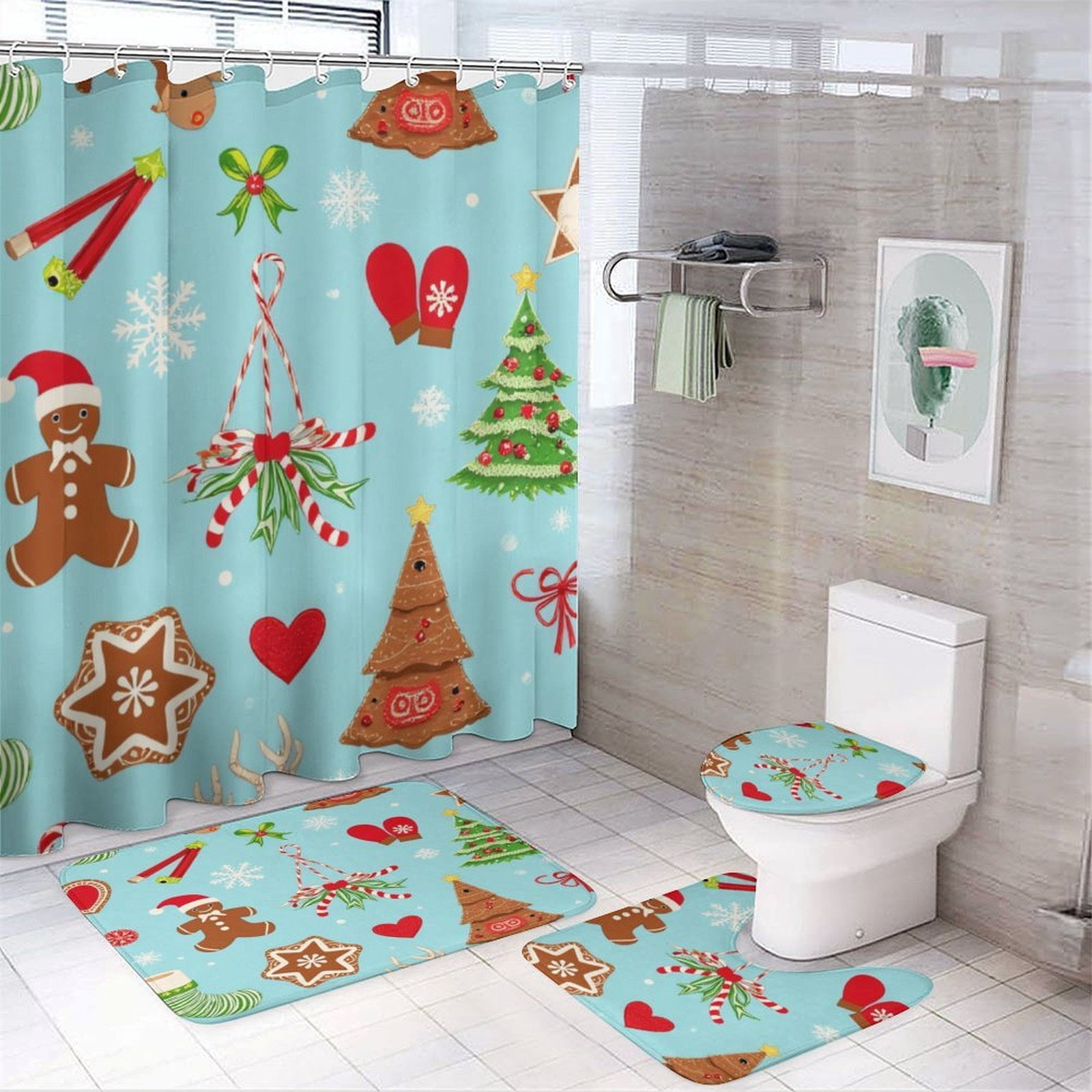 Christmas Pattern with Gingerbread And Trees Shower Curtain Set Modern ...