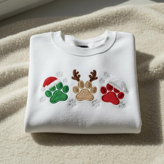 Christmas Paw Print Embroidered Sweatshirt, Cute Pet Lover Holiday ...