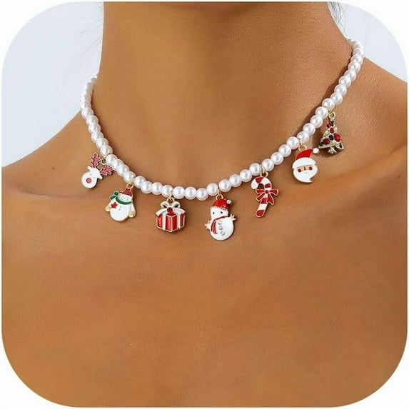 Christmas Pearl Choker Necklace for Women Snowflake Santa Tree Reindeer ...