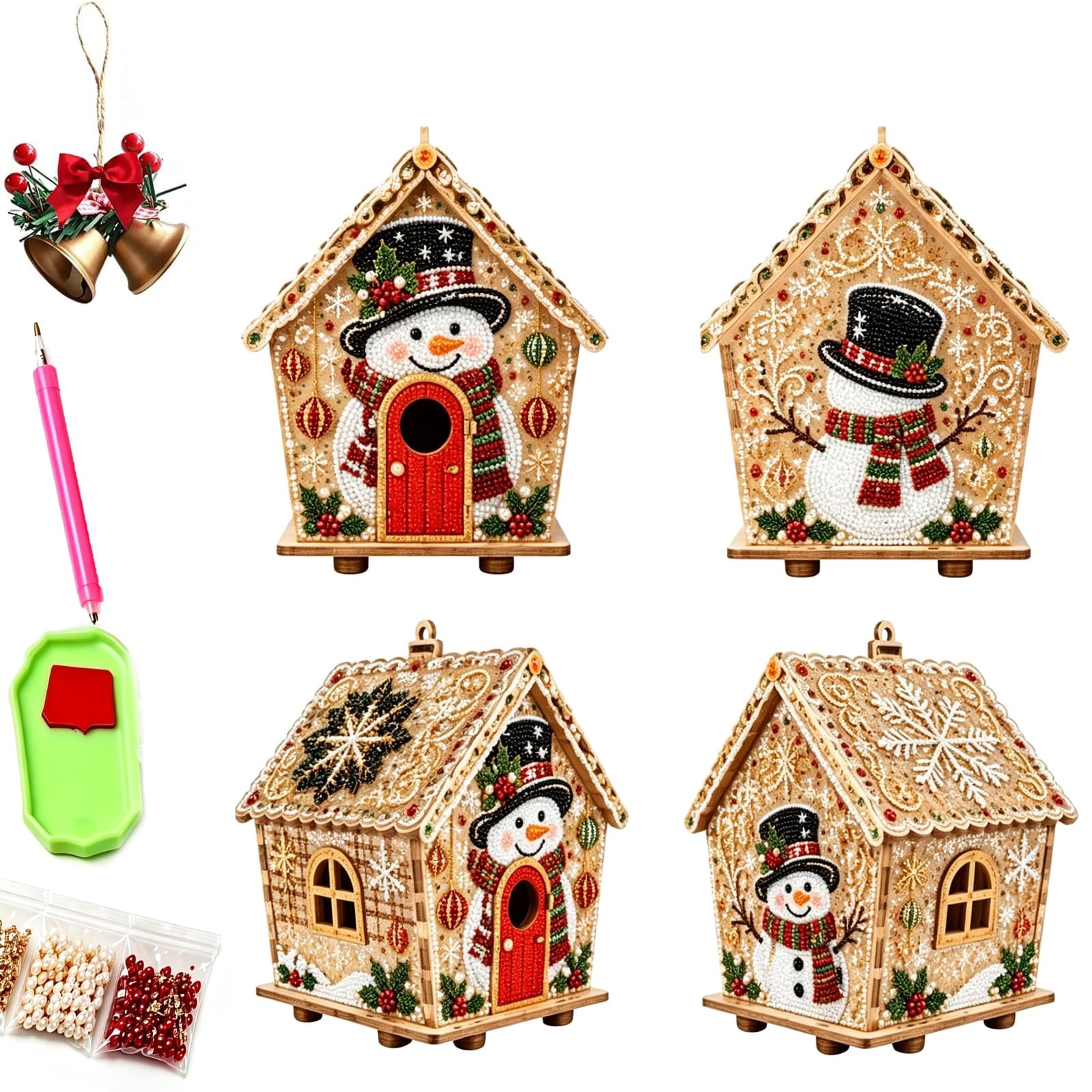 Christmas Pearl Cottage Art Kit, Handmade Wooden House 3D Rhinestone ...
