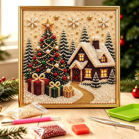 Christmas Pearl Diamond Painting Kit with Frame, Holiday Bead Art Craft ...