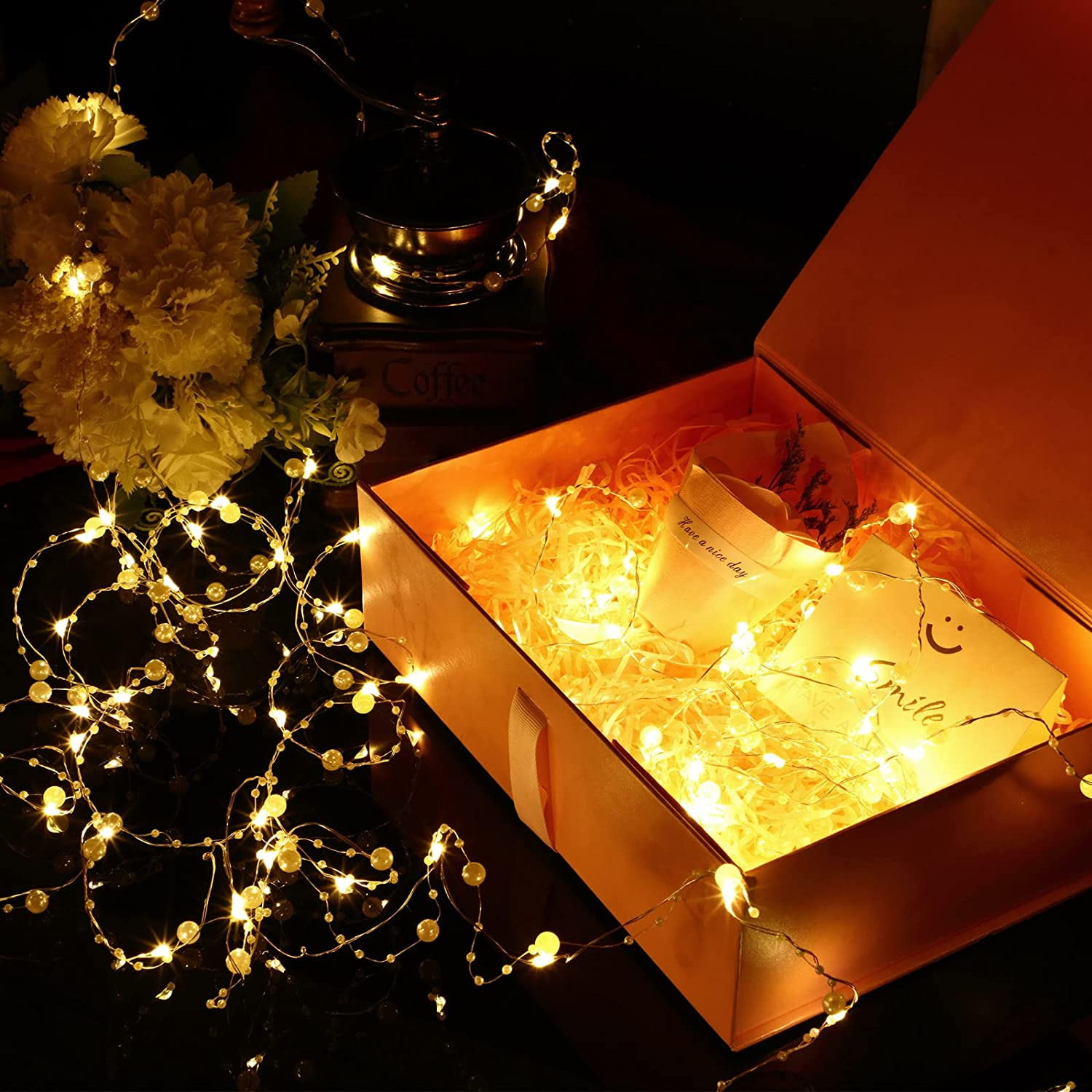 Christmas Pearl String Lights Decorations 16.4FT 50LED Indoor Beaded ...